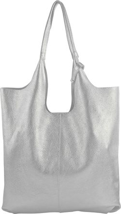 modamoda.de T264 Damen Leder Schultertasche Shopper, handgefertigt in Italien, 40x3x35 cm, mit abnehmbarer Innentasche, weiches Leder, Farbe:Silber-Metallic