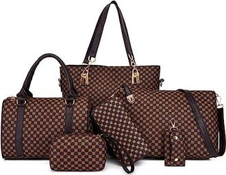 Generic Lot de 6 sacs &agrave; main en cuir &agrave; carreaux pour femme avec poign&eacute;e sur le dessus, sacs &agrave; bandouli&egrave;re tendance pour femme, marron, Large