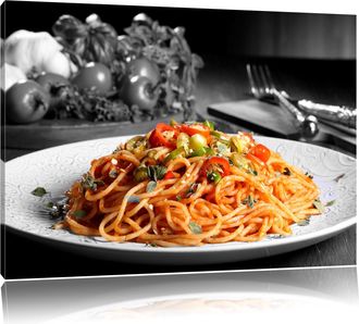 Pixxprint schmackhafte Spaghetti Italia B&W, Größe: 120x80cm, Leinwandbild, fertig gespannt, Wandbild, Dekoration, Kunstdruck, kein Poster