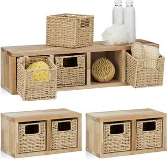 Relaxdays 3 x Wandregal Walnuss Set, Regalsystem, 1 großes, 2 kleine Würfelregale, Regalsystem für Bad, Küche, Wohnzimmer, natur