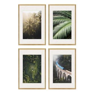 Photolini Cadre 40x60 doré bois MDF, cadre doré 40x60 lot de 4 avec passe-partout pour posters et affiches, verre acrylique incassable, cadre photo 60x40 à susp