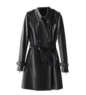 Generic Veste en cuir pour femme - Automne Hiver Noir Double Boutonnage Classique Slim Ceinture Mouton Long Trench Coat, Noir, S