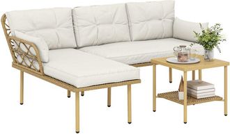 OUTSUNNY Salon de jardin exterieur - Outsunny - 4 personnes 3 pi&egrave;ces - avec 1 table basse coussins - r&eacute;sine tress&eacute;e - cr&egrave;me
