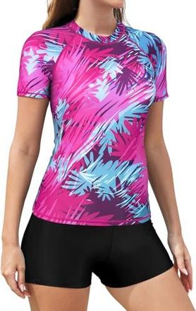 SHEKINI Maillot de bain 2 pièces pour femme avec soutien-gorge intégré - Maillot de bain à manches courtes - Haut pour boyshort, Feuilles à lier, XXL