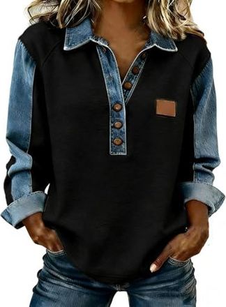 Generic 2026 Sweat Shirt en Denim Patchwork Femme Fashion Manches Longues Sweat Pull Col Rond Couleur Unie Sweater Haut Streetwear Oversize Vetement pour Auto