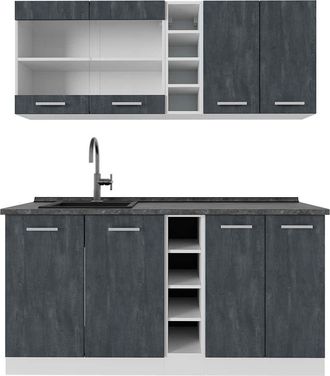 Vicco Singlek&uuml;che R-Line, K&uuml;chenzeile Single, Schwarz Beton/Wei&szlig;, 160 cm AP Anthrazit
