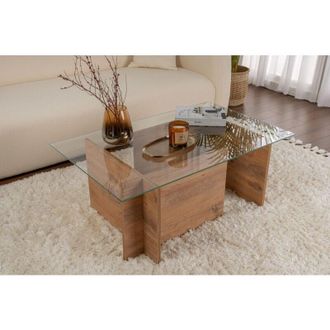 Calicosy Calicosy - Table Basse Verre Fixe Gigogne Rectangulaire Bois en Pin Atlantique 105x65x40 cm Pour Salon ou Bureau