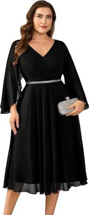 Ever-pretty Robe pour Mariage Invit&eacute; Midi Femme &Eacute;l&eacute;gante Soir&eacute;e Grandes Tailles Mousseline Manches Longues Noir 52