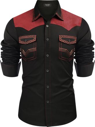 Coofandy Western-Cowboy-Hemd f&uuml;r Herren, bestickt, lang&auml;rmelig, schmale Passform, l&auml;ssig, Baumwolle, Button-Down-Hippie-Shirt, mit Taschen, schwarz / rot, Klei