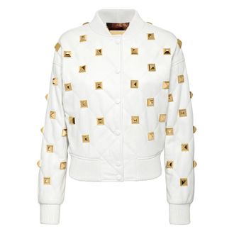 Philipp Plein Femme, Vestes, Blanc, Taille: 38 FR Leather Bomber Matelass&egrave; Studs