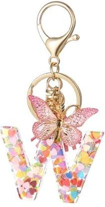 Generic Porte-cl&eacute;s en r&eacute;sine paillet&eacute;e 26 lettres avec papillon pompon porte-cl&eacute;s crochet, w, taille unique