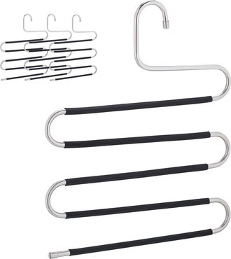 Relaxdays Mehrfach Hosenbügel, 4er Set, S-Form, 5 Stangen, rutschfest, platzsparende Multibügel, Metall, Silber/schwarz