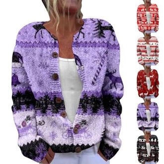 Generic HUIFUAO - Cardigan de Noël amusant pour femme, motif renne et sapin de Noël, pull de Noël grande taille avec boutons à manches longues, manteaux trico