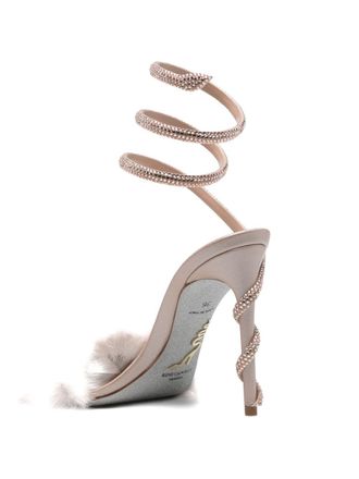 Rene Caovilla Jeweled Fur-Heel Heel Sandal - Beige