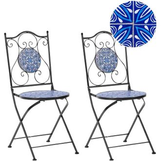 Beliani Lot de 2 Chaises de Jardin Vintage en M&eacute;tal Ext&eacute;rieur Motif Mosa&iuml;que Bleue Cadre en Fer Pliantes Noir Civita