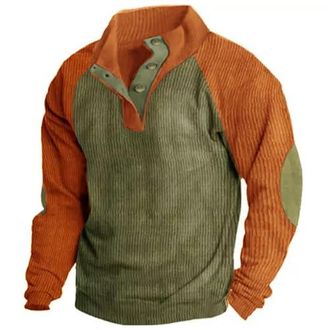 Generic Pull en velours côtelé pour homme avec col en V boutonné 1/4 - Chandail Henley à col montant - Hauts thermiques à manches longues en velours côtelé - 