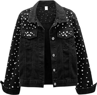 Generic Veste courte en jean pour femme avec perles et strass, Noir, 4XL