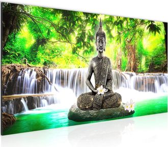 Runa Art Wandbild Buddha Wasserfall 1 Teilig 100 x 40 cm Modern Bild auf Vlies Leinwand Feng Shui Wohnzimmer Schlafzimmer Grün 503512a