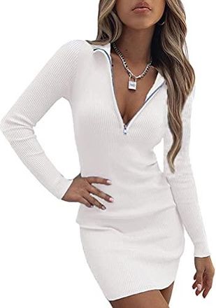 TOMWELL Robe Pull Femme Longue Sexy Pull &Agrave; Col Haut Manche Longue Pulls Tricot&eacute; Casual Robe Automne Hiver Fille Mini Robe Pullover Sweatshirt (S, A Blanc)