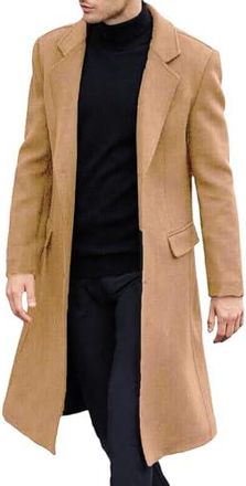 Generic Manteau long d&eacute;contract&eacute; &agrave; col crant&eacute; pour homme, coupe ajust&eacute;e, long manteau thermique &agrave; simple boutonnage, kaki, 3XL