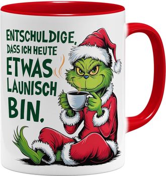 OM3 lustige Anti Weihnachten Kaffee-Tasse mit Spruch - Entschuldigung, dass ich so launisch bin - Keramik Becher - 325ml - Beidseitig Bedruckt - Rot