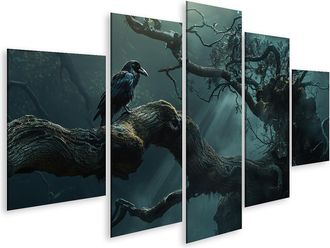 Islandburner Bild auf Leinwand Mystischer Wald mit Raben und Sonnenstrahlen f&uuml;r Wohnzimmer Naturfreunde Naturkostladen Bilder Wandbilder Poster