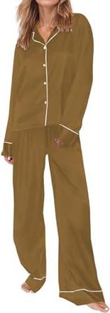 Generic Ensemble de pyjama &agrave; manches longues pour femmes, ensemble de pyjama boutonn&eacute; en coton bross&eacute;, pyjama long doux &agrave; boutons, 2 pi&egrave;ces, couleur unie, v&ecirc;t