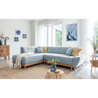 Norrwood home24 Ecksofa Surribas II Blau Webstoff Lark 250 x 77 x 190cm Ottomane davorstehend links Skandi