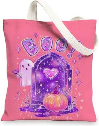 Generic Sacs fourre-tout en toile motif fantôme, sacs de courses réutilisables, amusants pour Halloween, légers, lavables avec bandoulière, pêche, 13x15 Inch