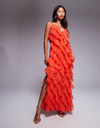 River Island Robe volant&eacute;e longue &agrave; bretelles - Orange