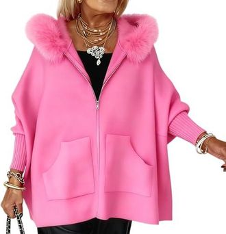 Generic Veste d&eacute;contract&eacute;e de couleur unie avec col en fourrure pour femme, cardigan &agrave; capuche &agrave; manches longues en tricot, manteau &agrave; revers en fausse fourrur