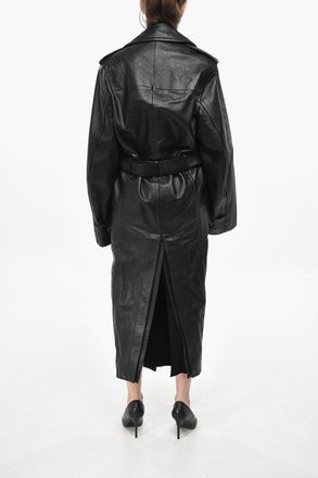 Balenciaga Double-Breasted Hammered Leather Trench Coat with Belt Balenciaga