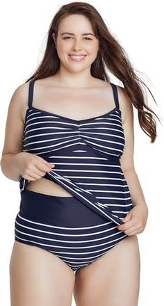 Ulla Popken Femme Grandes Tailles Tankini Bellieva, Rayures, Fronces, Bretelles réglables Marine 46 798240130-44
