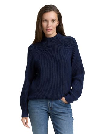 Tom Tailor Damen 1047670 Loose Fit Strickpullover Mit Stehkragen, 39335 - Blue Rib Structure, S EU