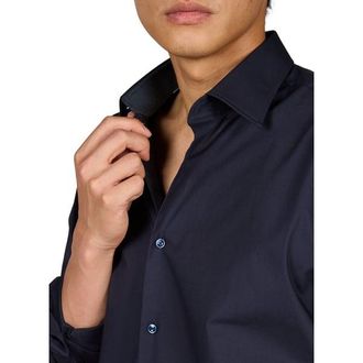 HUGO BOSS Chemise droite unie &agrave; manches longues en coton m&eacute;lang&eacute;