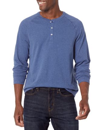 Amazon Essentials Herren Henley-Shirt mit langen Ärmeln und normaler Passform (erhältlich in Übergrößen), Blau Heide, XXL