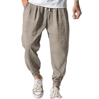Generic Pantalon de jogging confortable en coton et lin pour homme - Coupe ample - Cordon de serrage - Taille &eacute;lastique - Pantalon de yoga - Pantalon de plage