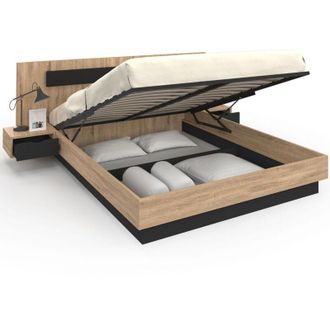 IDMarket Lit coffre double SANTA avec t&ecirc;te de lit + tables de chevet int&eacute;gr&eacute;es et sommier 160 x 200 cm bois et noir