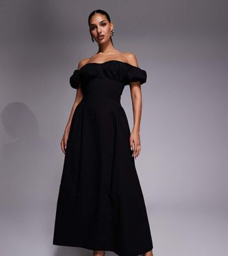 KAIIA Exclusivit&eacute; - Kaiia - Robe longue tendance folk en coton &agrave; manches bouffantes et plis sur les hanches - Noir