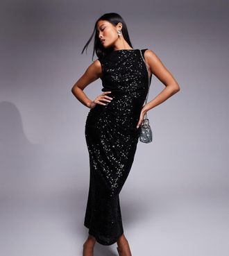 Asos Petite ASOS DESIGN Petite - Robe &agrave; sequins mi-longue avec col montant et dos b&eacute;nitier asym&eacute;trique - Noir