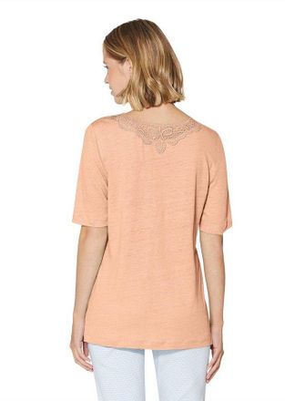 Madeleine Kurzarmshirt Kurzarm Leinen-Shirt mit Spitzenbesatz Uni-Design mit dekorativem V-Ausschnitt vorne und hinten