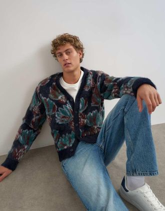 Topman gilet fleuri duveteux coupe classique marine-bleu marine