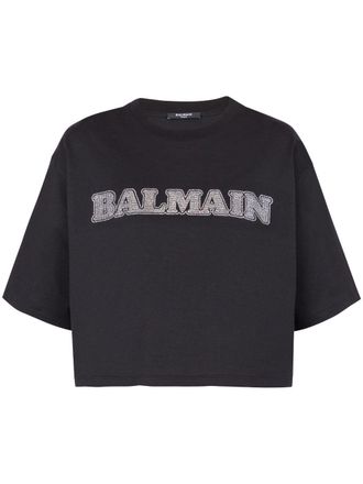 Balmain t-shirt crop en coton à logo strassé - Noir
