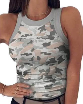 Onsoyours Damen Tank Top Tshirt Sommer Oberteile Sexy &Auml;rmellose Blusen Casual Basic Einfarbige Blusentop Tunika Casual Shirt B Tarnung Grau M