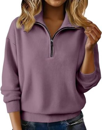 Generic Pull en casmere &agrave; fermeture &eacute;clair 1/4 pour femme - Col montant - Manches longues - Coupe ample - D&eacute;contract&eacute; - Hiver - Confortable, violet, XXL