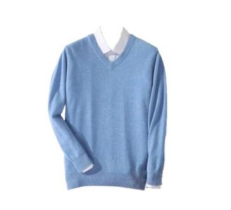 Generic Pull dhiver en cachemire col en V à manches longues pour hommes pull ample en tricot pull cavaliers chemise, bleu clair, XL