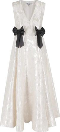 Ganni Femme, Robes, Beige, Taille: 34 FR Satin Cloque V Neck Long Dress