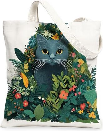 Generic Sac fourre-tout en toile motif chat bleu russe pour faire du shopping, 33 x 38,1 cm, sac d&eacute;picerie r&eacute;utilisable pour femme, joli motif de feuille pour