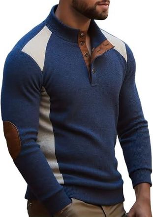 Generic Sweat-shirt d&eacute;contract&eacute; &agrave; manches longues et col montant pour homme avec bouton 1/4, bleu, XXL