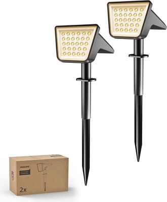 Philips 2 St&uuml;ck Solarstrahler f&uuml;r Au&szlig;en Garten, 28 LEDs 3000K Warmwei&szlig; Solarbetriebene Landschaftsbeleuchtung, Wasserdicht Wegeleuchten, Dusk to Dawn - f&uuml;r Ga